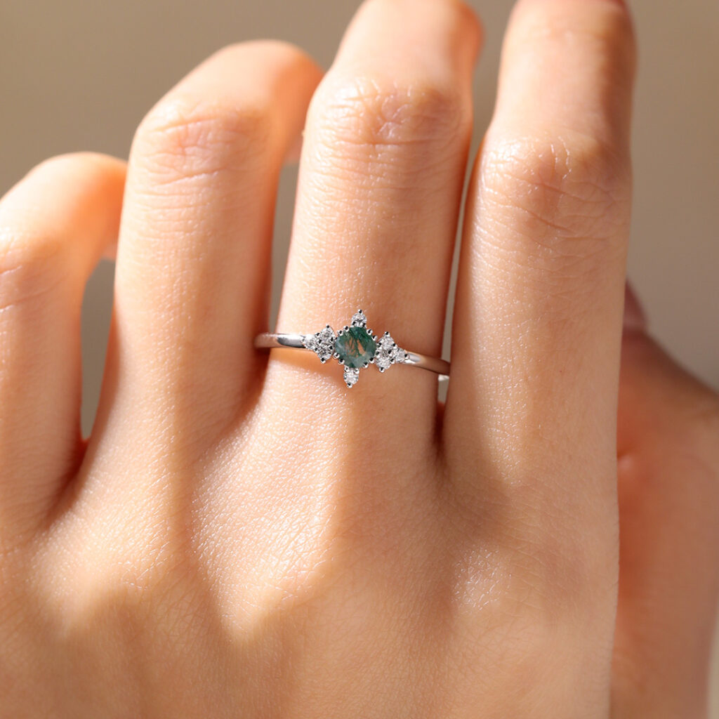 Yellow Gold Round Moss Agate Ring Simple Engagement Ring - LisaJewelryUS