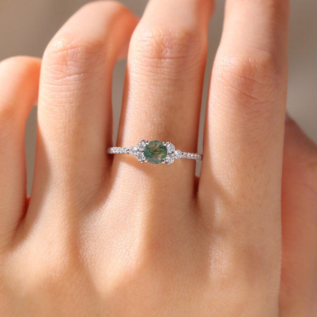 White Gold Half Pav?? Round Cut Moss Agate Engagement Ring - LisaJewelryUS