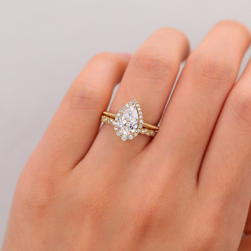 Yellow Gold Halo Pear Shaped Lab Diamond Engagement Ring Set ...