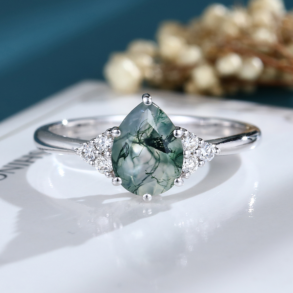 White Gold Bezel Moss Agate Ring Solitaire Simple Engagement Ring ...