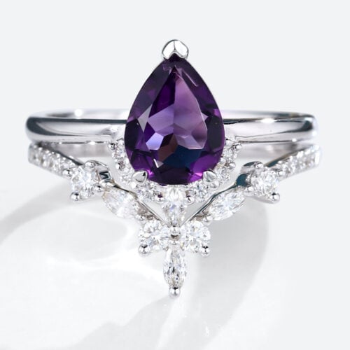 Amethyst and Diamond Ring Set Pear Shaped Engagement Ring - LisaJewelryUS