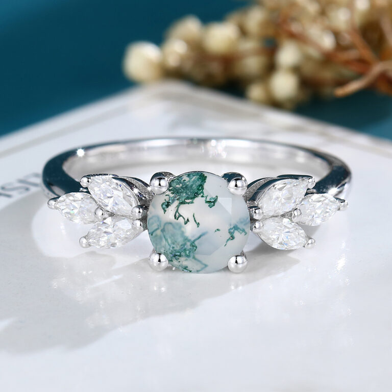 Rose Gold Vintage Kite Shaped Moss Agate Engagement Ring - LisaJewelryUS