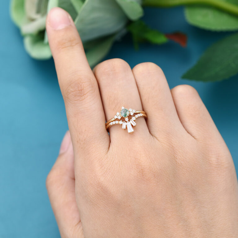 White Gold Bezel Moss Agate Ring Solitaire Simple Engagement Ring ...