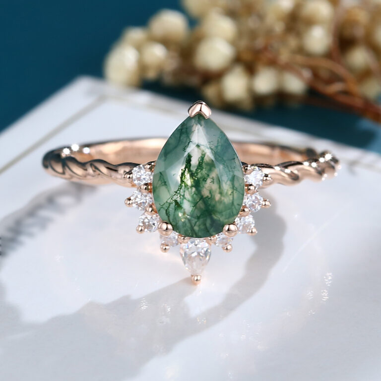 Rose Gold Moss Agate Ring Vintage Moss Agate Engagement Ring - LisaJewelryUS