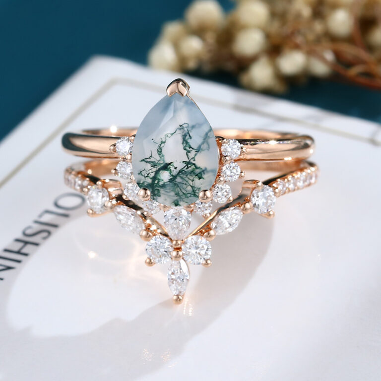 White Gold Bezel Moss Agate Ring Solitaire Simple Engagement Ring ...
