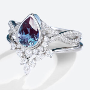 Bezel Alexandrite Ring Set White Gold Pear Cut Engagement Ring ...