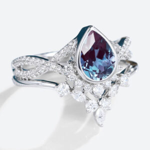 Bezel Alexandrite Ring Set White Gold Pear Cut Engagement Ring ...