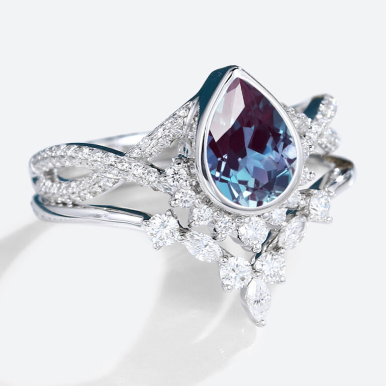 Bezel Alexandrite Ring Set White Gold Pear Cut Engagement Ring ...