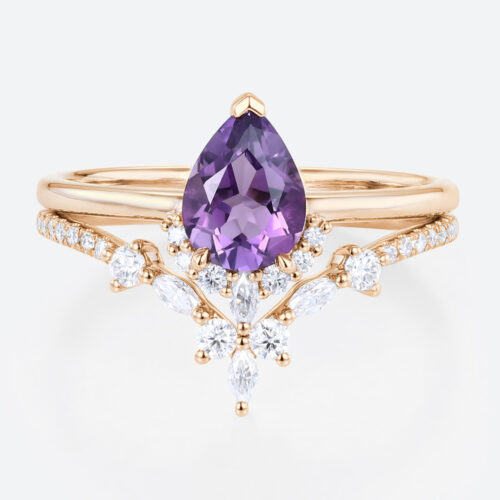 Amethyst and Diamond Ring Set Pear Shaped Engagement Ring - LisaJewelryUS