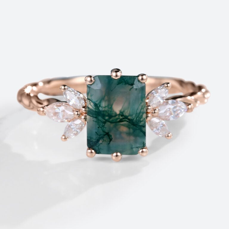 Emerald Cut Twisted Engagement Rings Moss Agate Ring - LisaJewelryUS