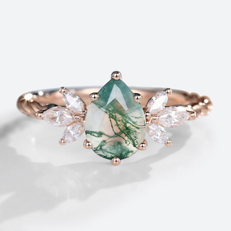 Pear Shaped Moss Agate Ring Simple Twisted Engagement Ring - LisaJewelryUS