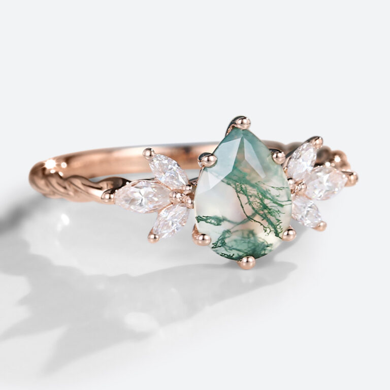 Pear Shaped Moss Agate Ring Simple Twisted Engagement Ring - LisaJewelryUS