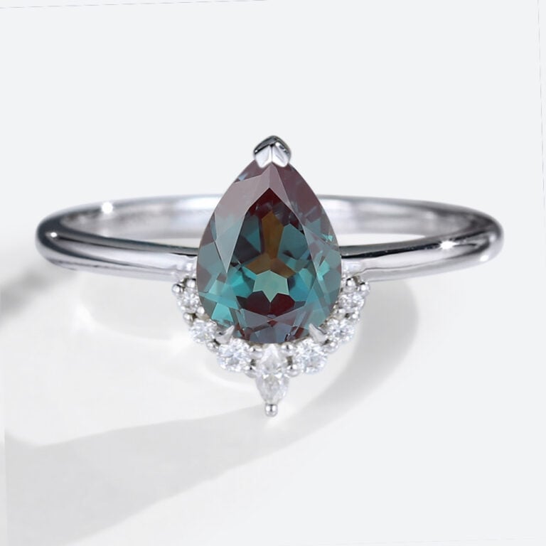 1.2CT Pear Cut Lab Alexandrite Ring Half Halo Engagement Rings ...