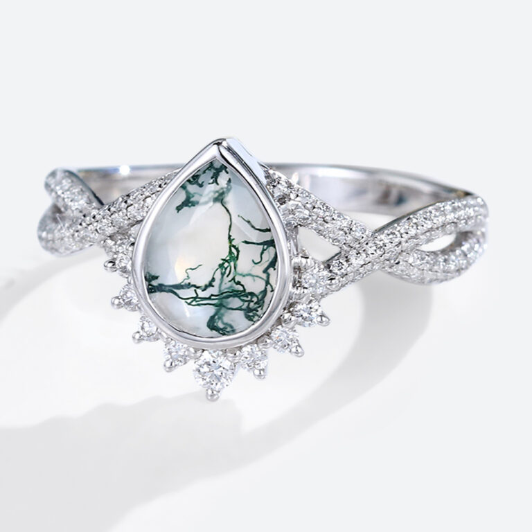 Pear Moss Agate Rings Hyperbolic Band Crossed Half Pave Ring ...