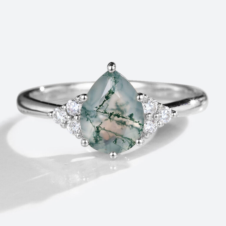 White Gold Pear Shaped Moss Agate Ring Simple Engagement Ring ...