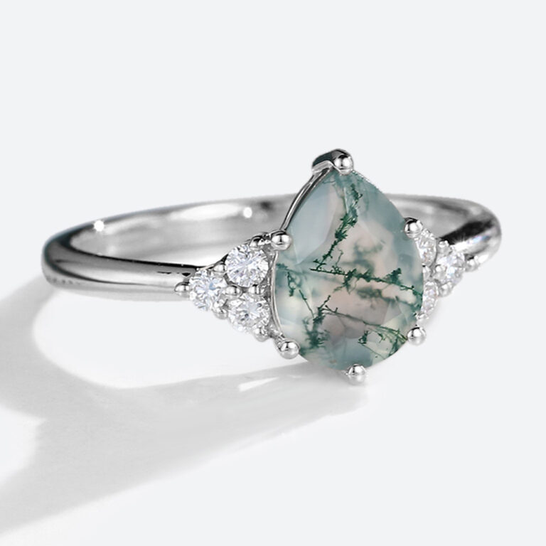 White Gold Pear Shaped Moss Agate Ring Simple Engagement Ring ...