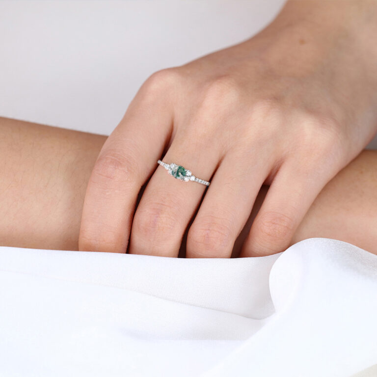 White Gold Half Pav?? Round Cut Moss Agate Engagement Ring - LisaJewelryUS