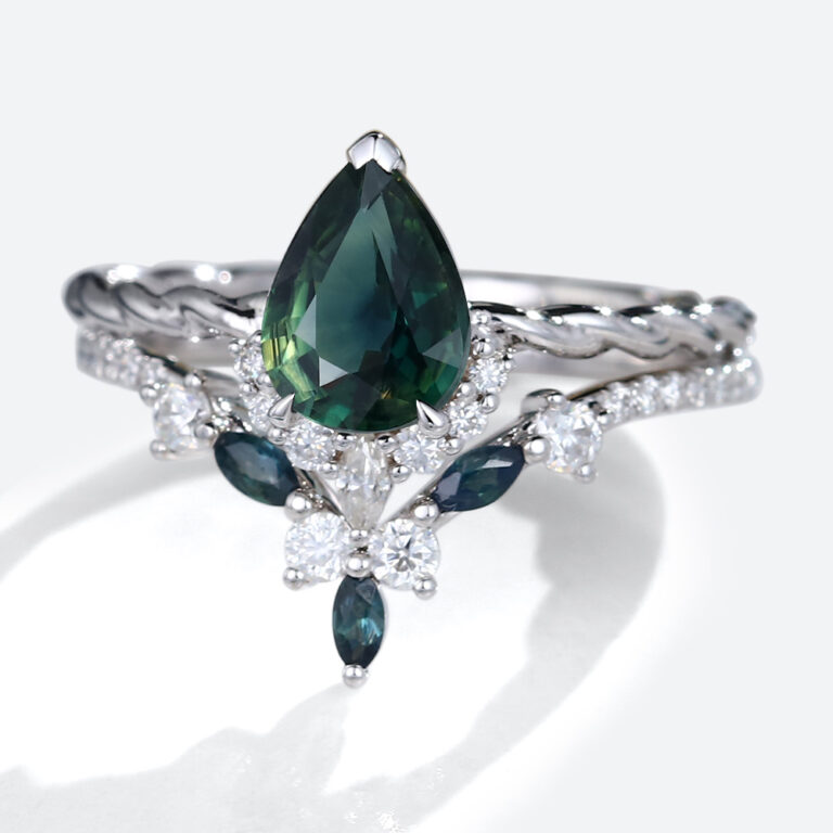 Pear-Shaped Green Blue Sapphire Rings Set 1.55ct Twisted Rings ...