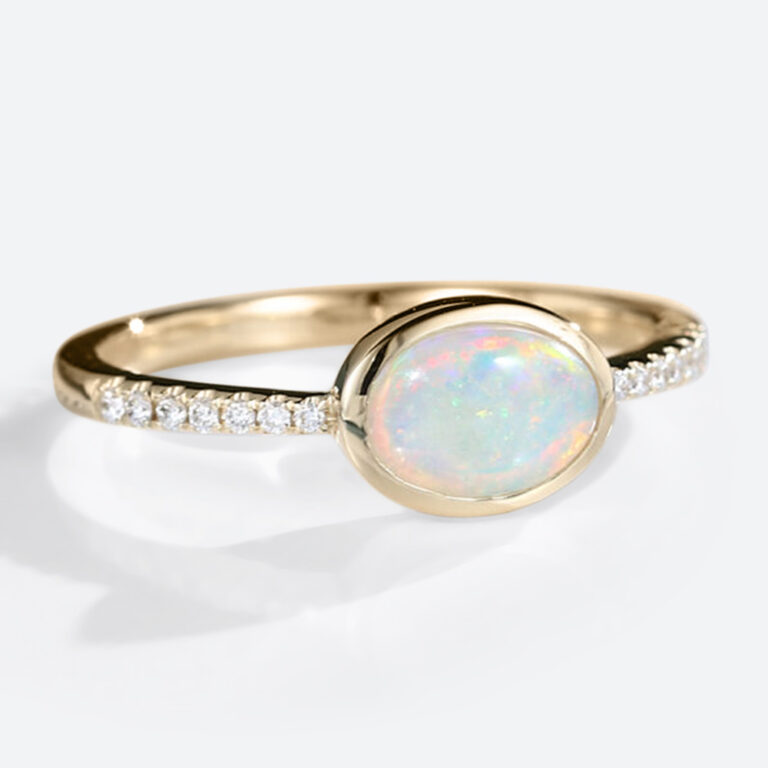 Oval Cut Opal Ring 1ct Bezel Half Eternity Pave Engagement Ring - LisaJewelryUS