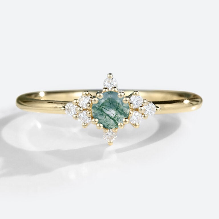 Yellow Gold Round Moss Agate Ring Simple Engagement Ring - LisaJewelryUS