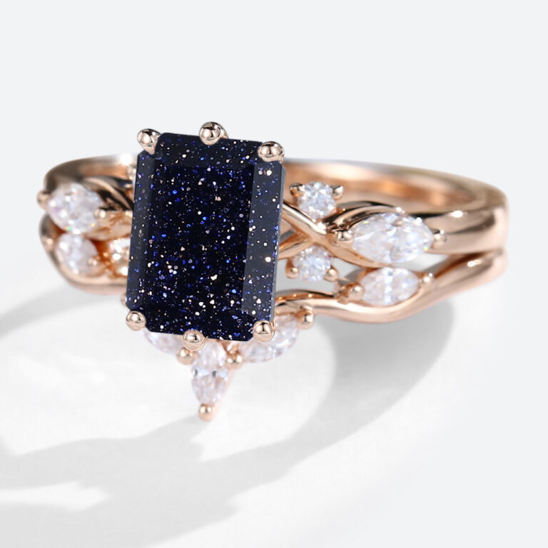 Blue Sandstone Ring Set Emerald Cut Engagement Rings Gold - LisaJewelryUS