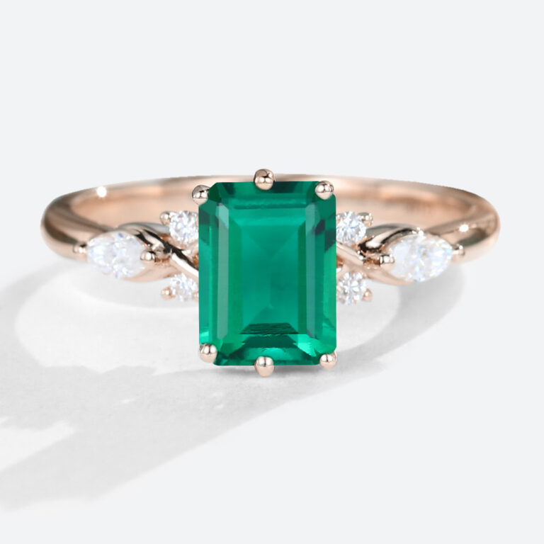 Emerald Cut Birthstone Rings Rose Gold Vintage Emerald Bridal Ring ...