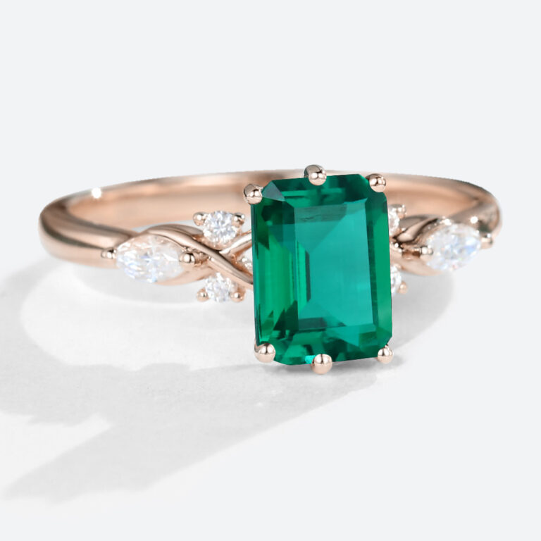 Emerald Cut Birthstone Rings Rose Gold Vintage Emerald Bridal Ring ...