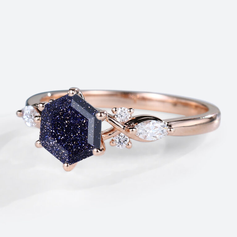 Blue Sandstone Hexagon Cut Engagement Ring Rose Gold Ring - LisaJewelryUS