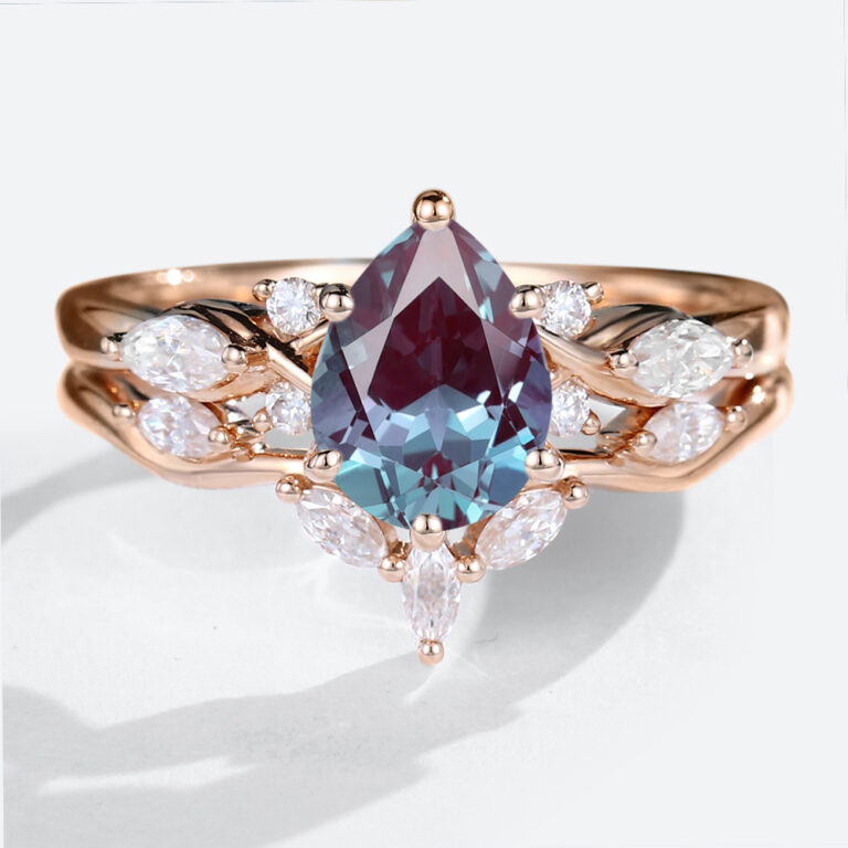 Pear Cut Alexandrite Rings Set with Vintage Curved Wedding Ring ...