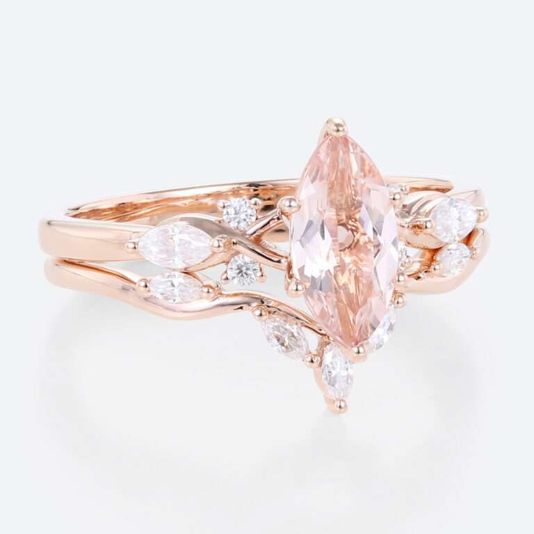 Rose Gold Marquise Cut Morganite Ring with Curved Wedding Ring ...
