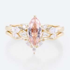 Rose Gold Marquise Cut Morganite Ring with Curved Wedding Ring ...