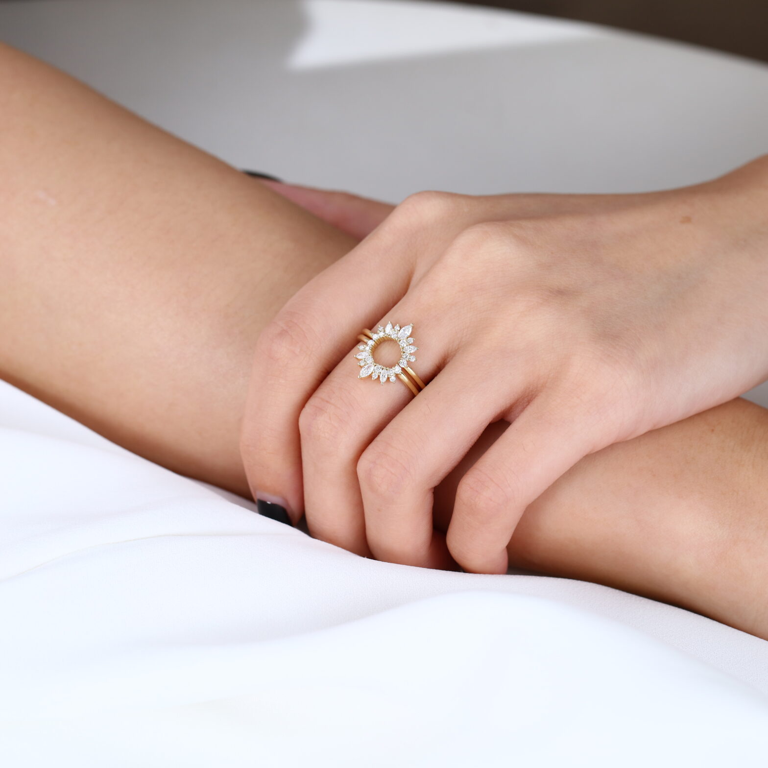 Curved Diamond Wedding Ring Lab Diamond Contour Bridal Ring - LisaJewelryUS