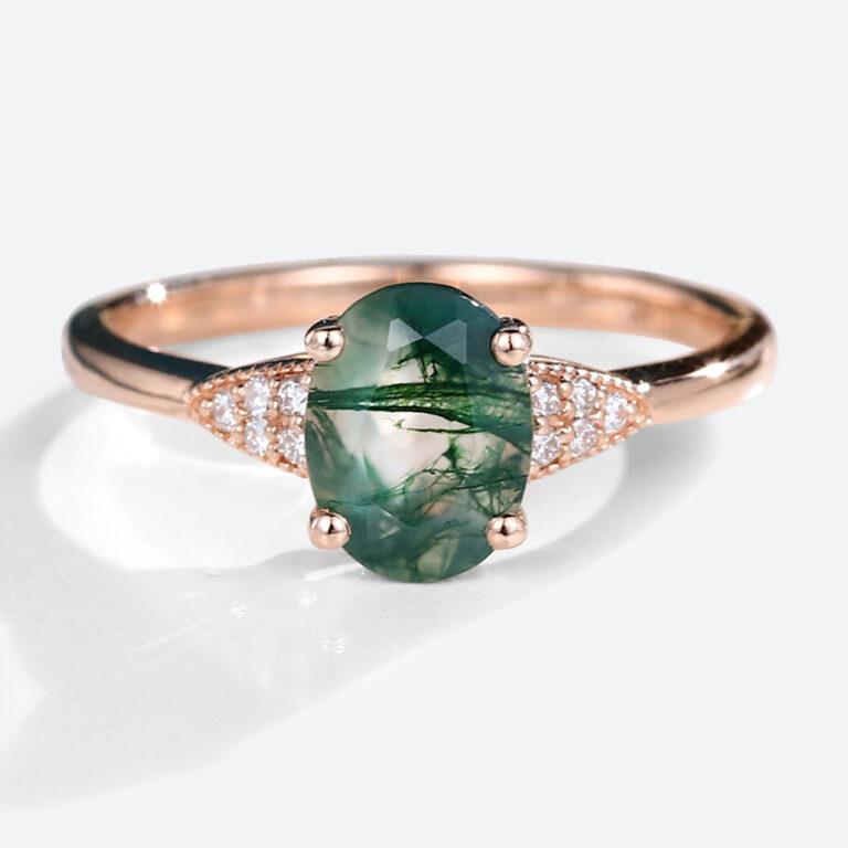 Simple Oval Moss Agate Engagement Ring Solid Rose Gold Rings ...