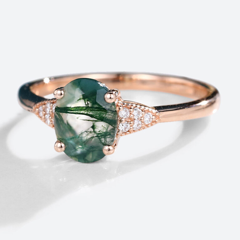 Simple Oval Moss Agate Engagement Ring Solid Rose Gold Rings ...