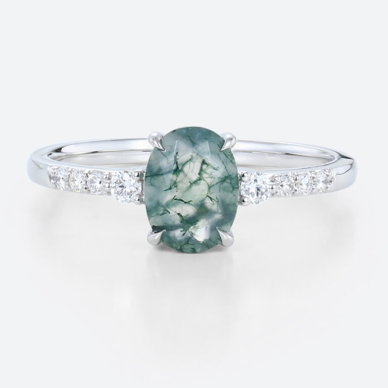 White Gold Oval Cut Moss Agate Pave Band Engagement Ring Promise Ring ...