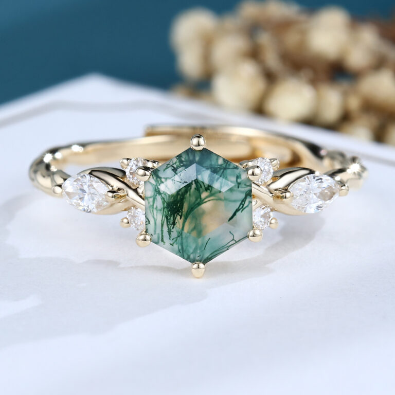 Rose Gold Hexagon Cut Moss Agate Fishtail Charm Necklace - LisaJewelryUS