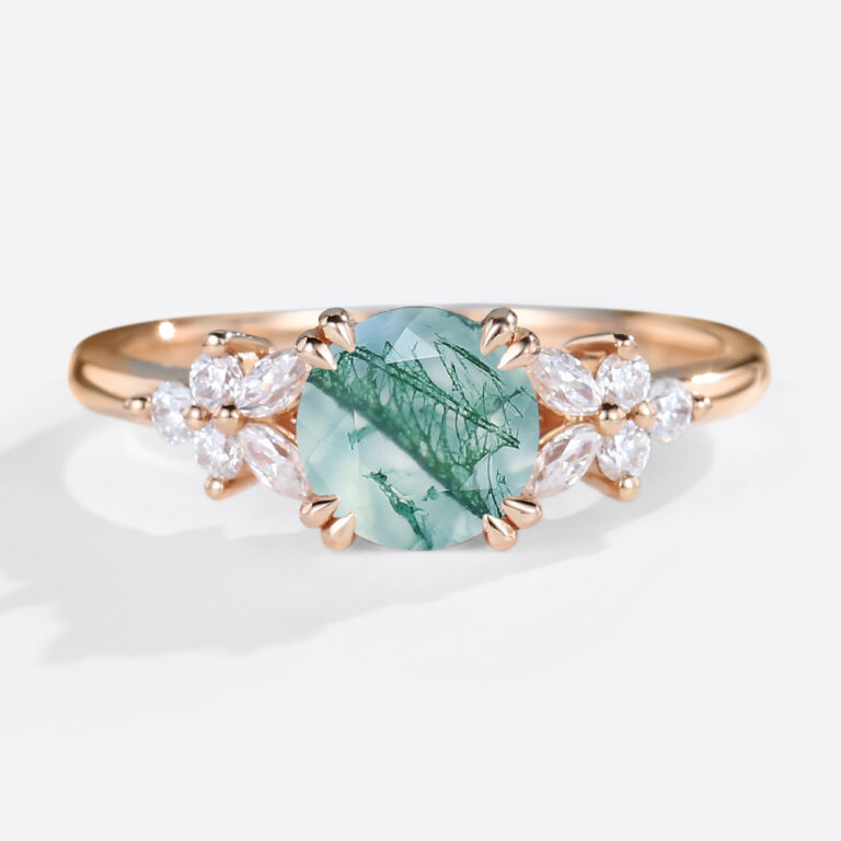 Rose Gold Round Cut Moss Agate Ring Simple Engagement Rings - LisaJewelryUS