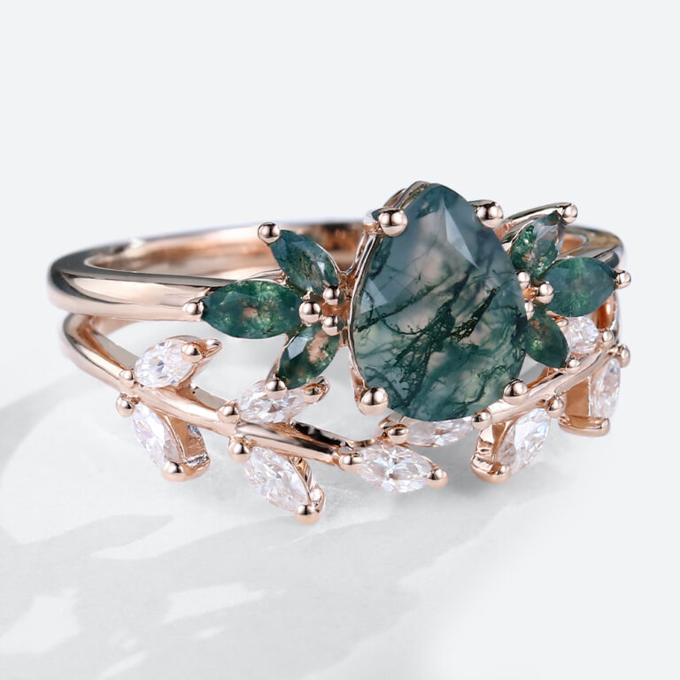 Pear Moss Agate Engagement Ring Petal Shape Wedding Ring Set - LisaJewelryUS