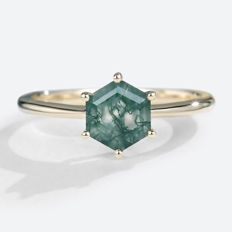 Simple Engagement Rings Hexagon Cut Solitaire Moss Agate Ring ...