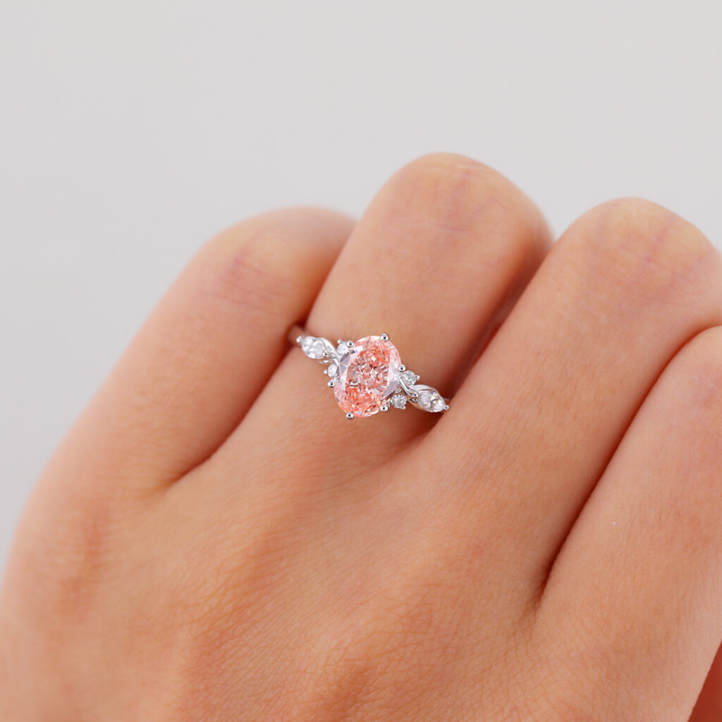 Oval Cut Pink Diamond Ring Lab Diamond Cluster 6-Prong Ring - LisaJewelryUS