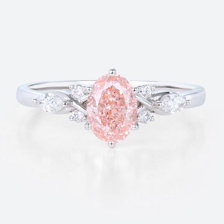 Oval Cut Pink Diamond Ring Lab Diamond Cluster 6-Prong Ring - LisaJewelryUS