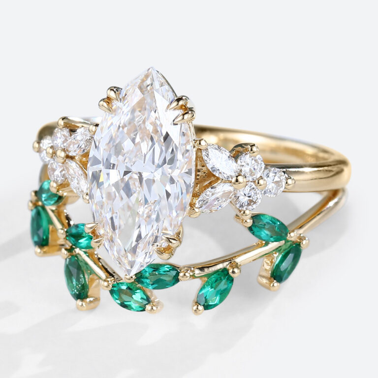 Curved Emerald Ring with Marquise Lab Diamond Engagement Ring Set ...