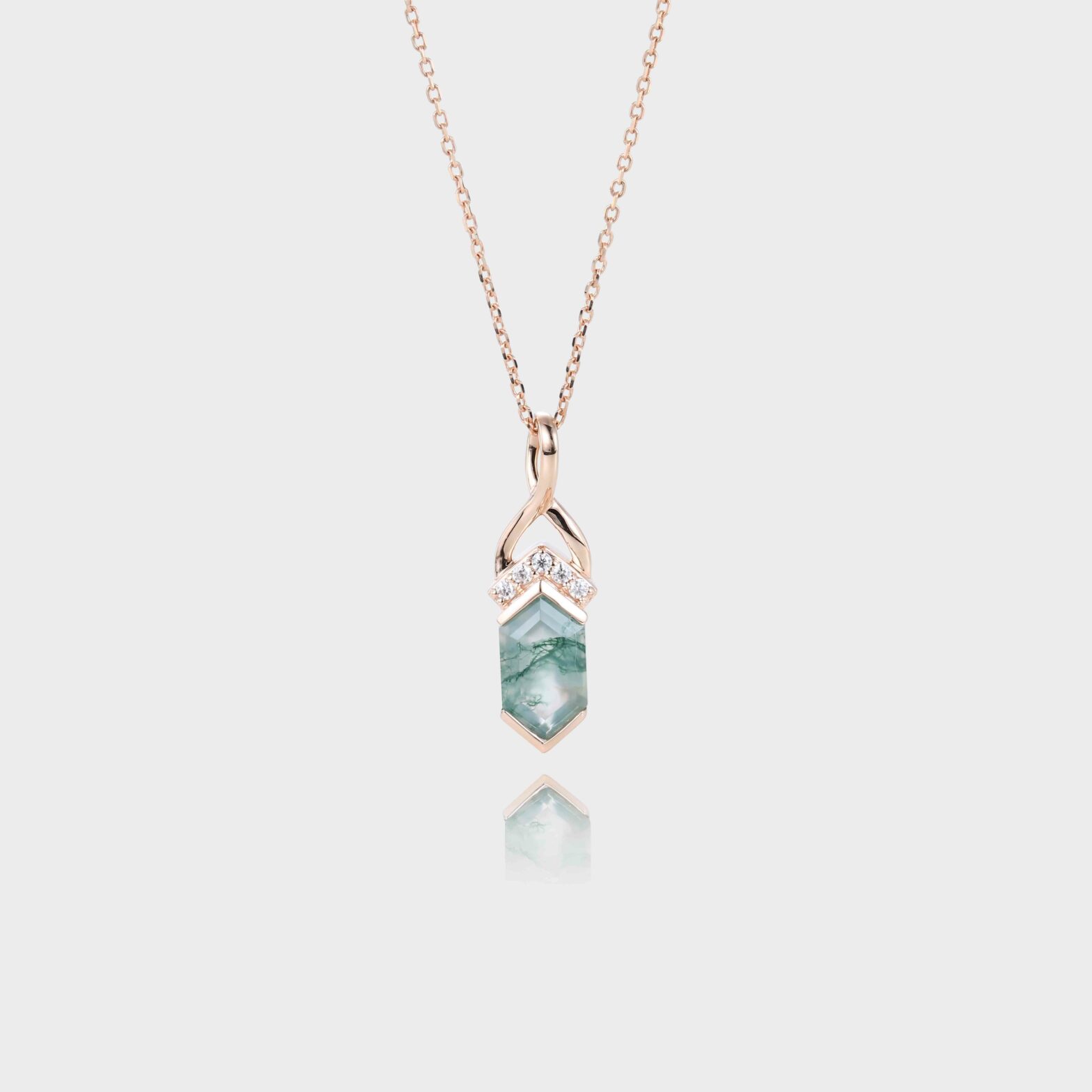 Rose Gold Elongated Hexagon Cut Moss Agate Fishtail Necklace ...