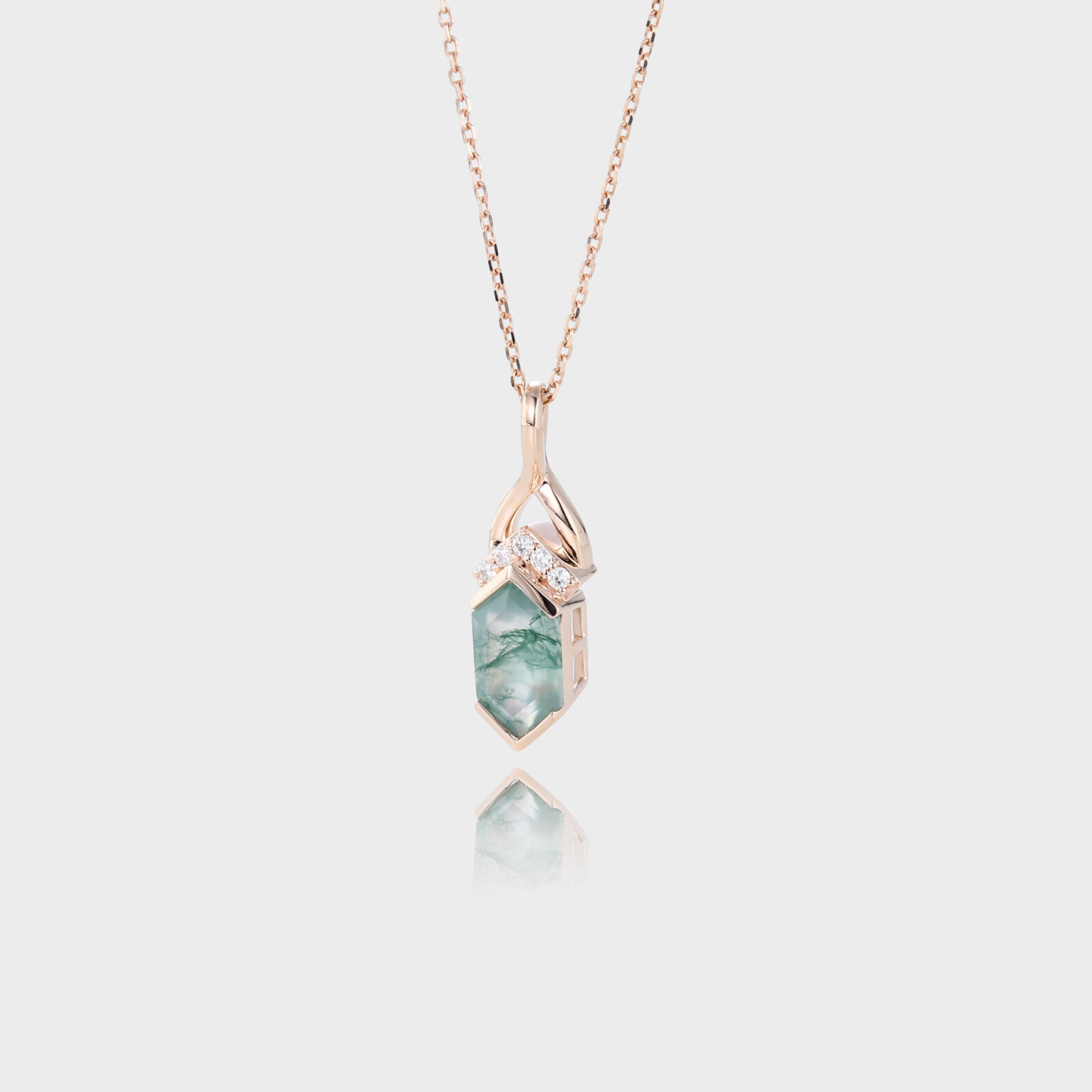 Rose Gold Elongated Hexagon Cut Moss Agate Fishtail Necklace ...