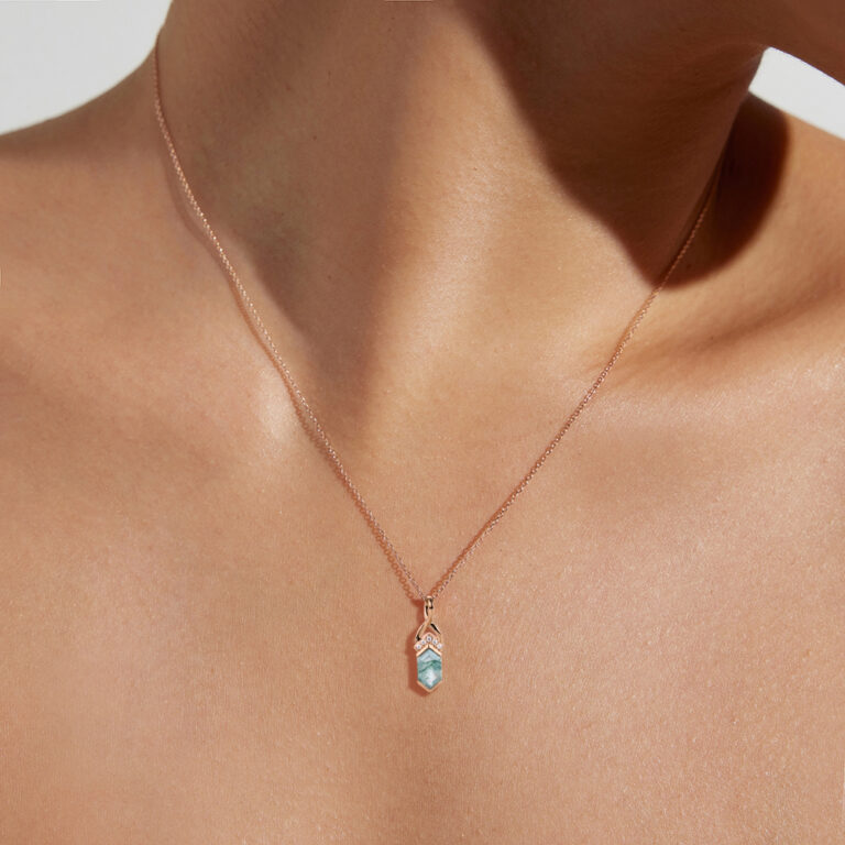 Rose Gold Elongated Hexagon Cut Moss Agate Fishtail Necklace ...