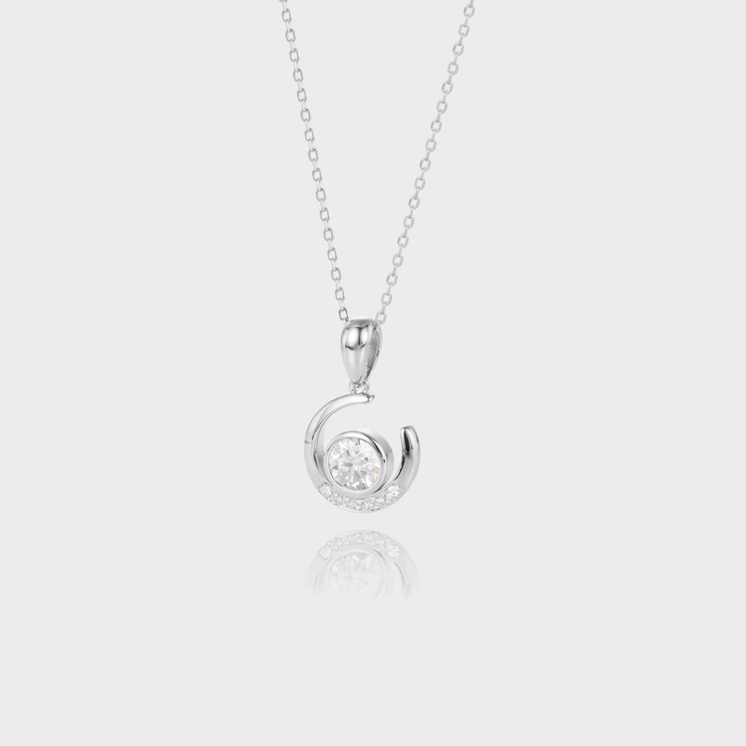 White Gold Round Cut Lab Diamond Bezel Crescent Pendant Necklace ...