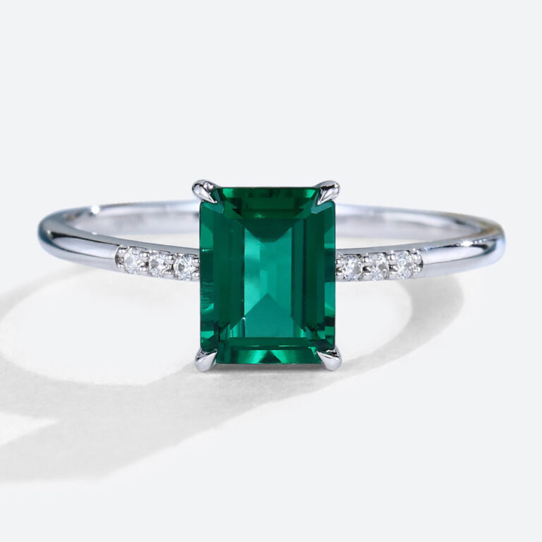 14K White Gold Emerald Cut Lab Emerald Pav?? Engagement Rings - LisaJewelryUS