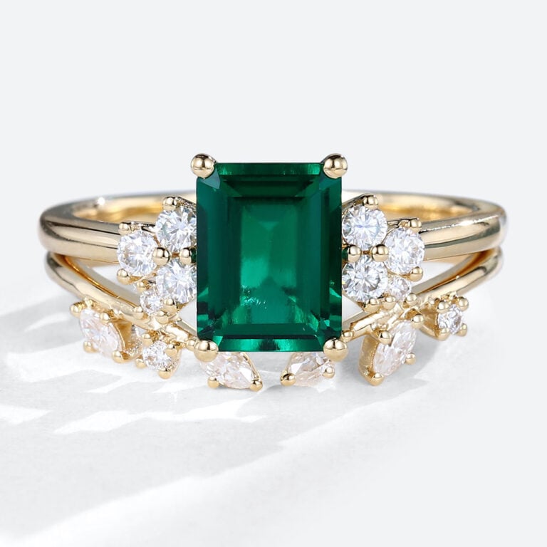 Emerald Cut Lab Emerald Rings With Open Curved Wedding Band Set ...