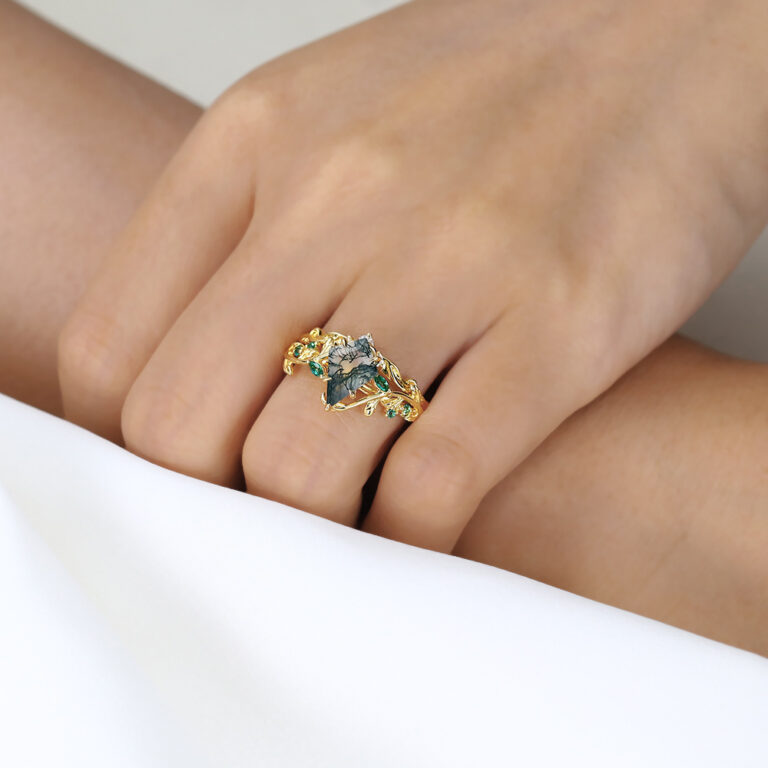 14K Yellow Gold Kite Cut Moss Agate Ring Set Nature-inspired Bridal Set ...
