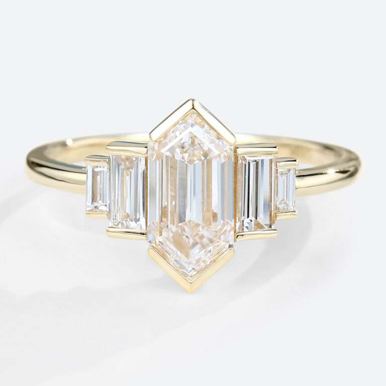 Solid Gold Elongated-Hexagon Cut Lab Diamond Engagement Rings ...